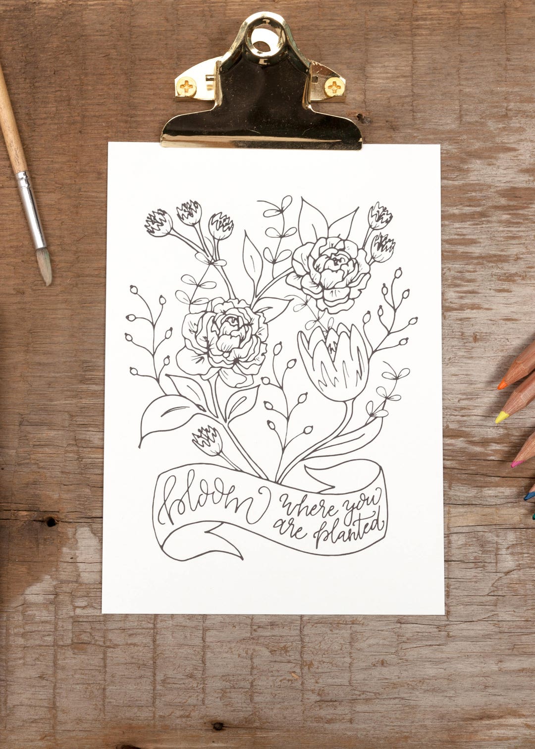 Bloom Where You're Planted Coloring Art Print, Floral Coloring Print ...