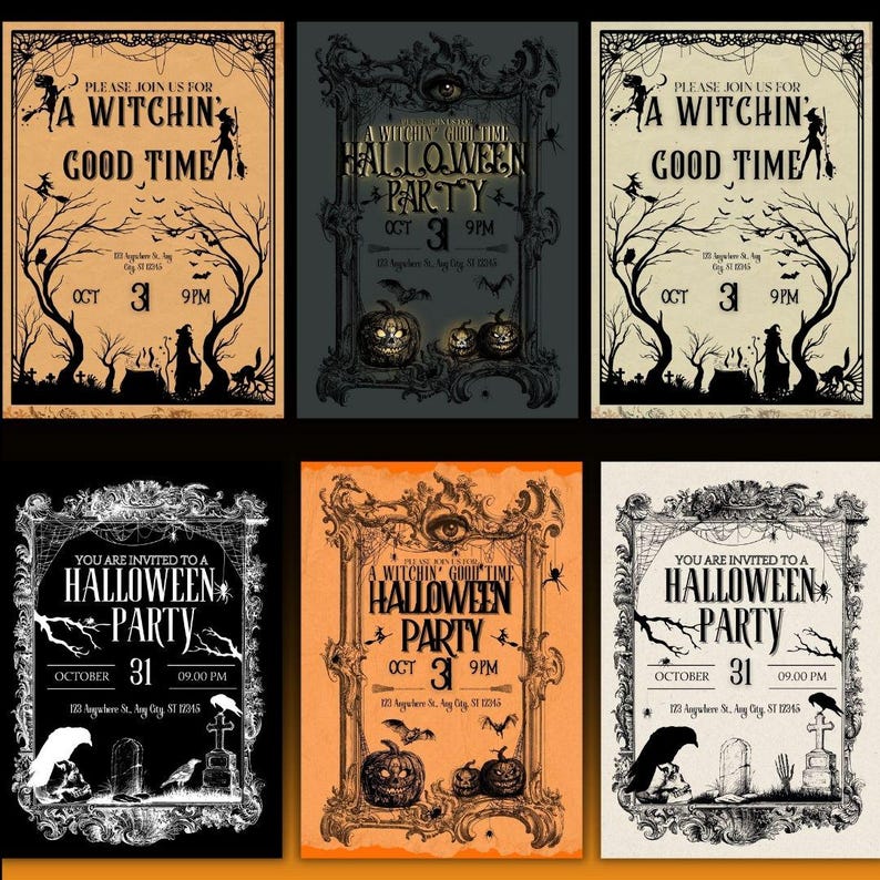 Editable Halloween Party Invitation Canva Template Bundle | Vintage ...