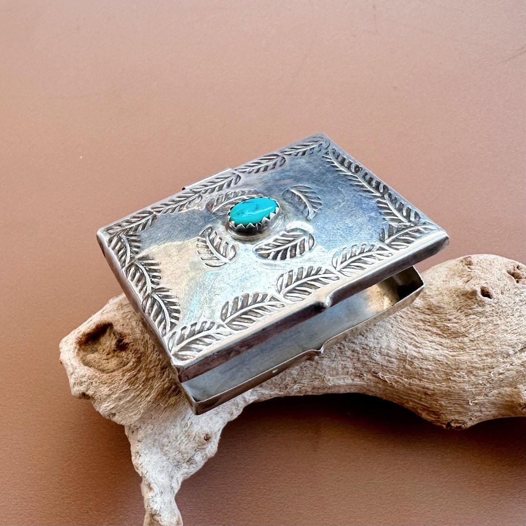 Vintage Navajo Sterling Silver and Turquoise Rectangular Pill Box or ...