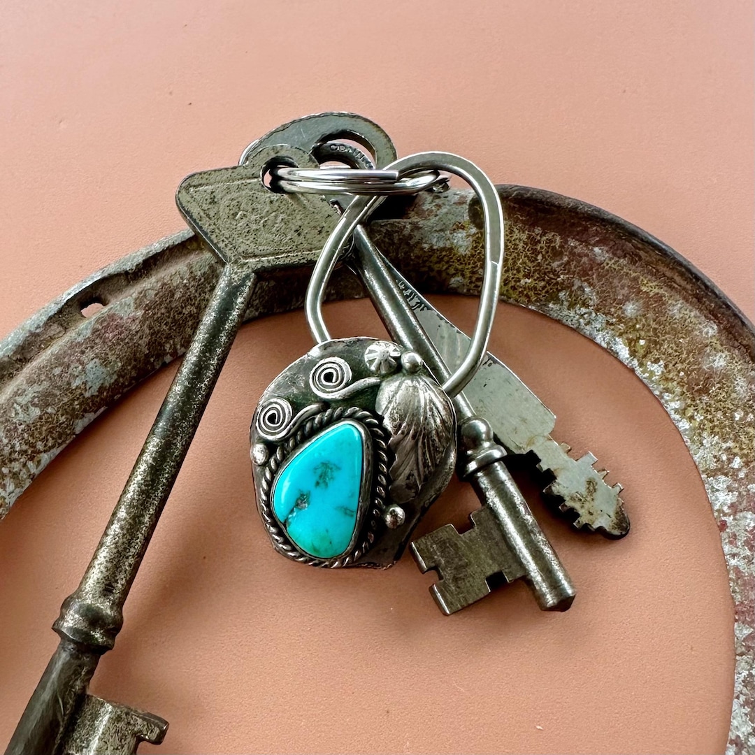 Vintage Navajo Sterling Silver and Turquoise Steel Key Ring, Key Chain ...