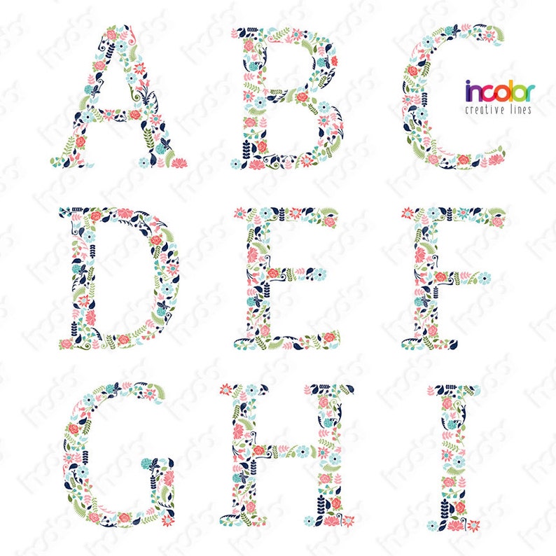 Floral Coral and Navy Alphabet - Printable PNG Clipart Monogram Letters ...