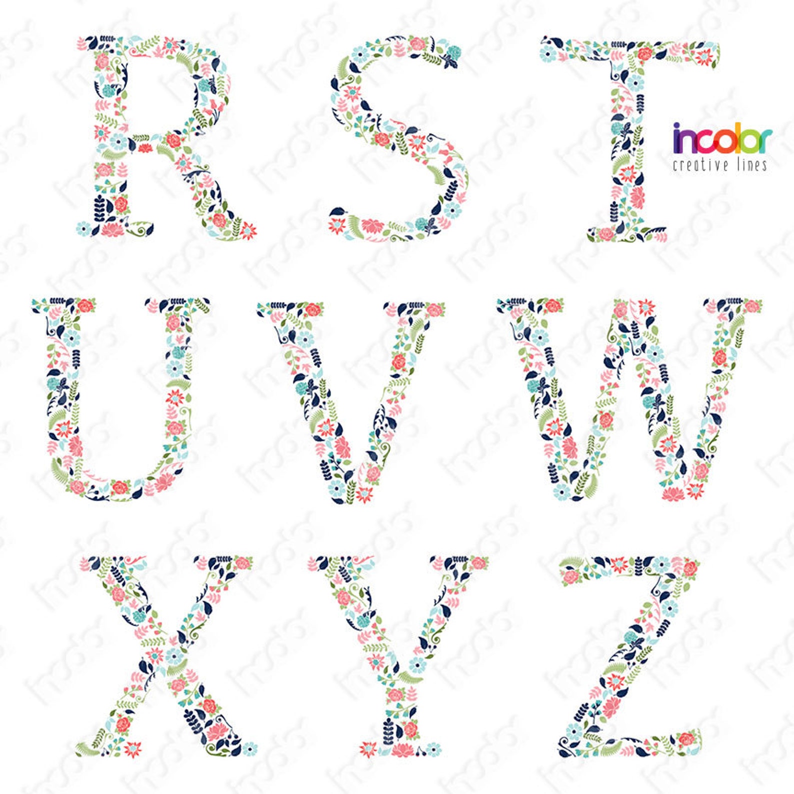 Floral Coral and Navy Alphabet - Printable PNG Clipart Monogram Letters ...