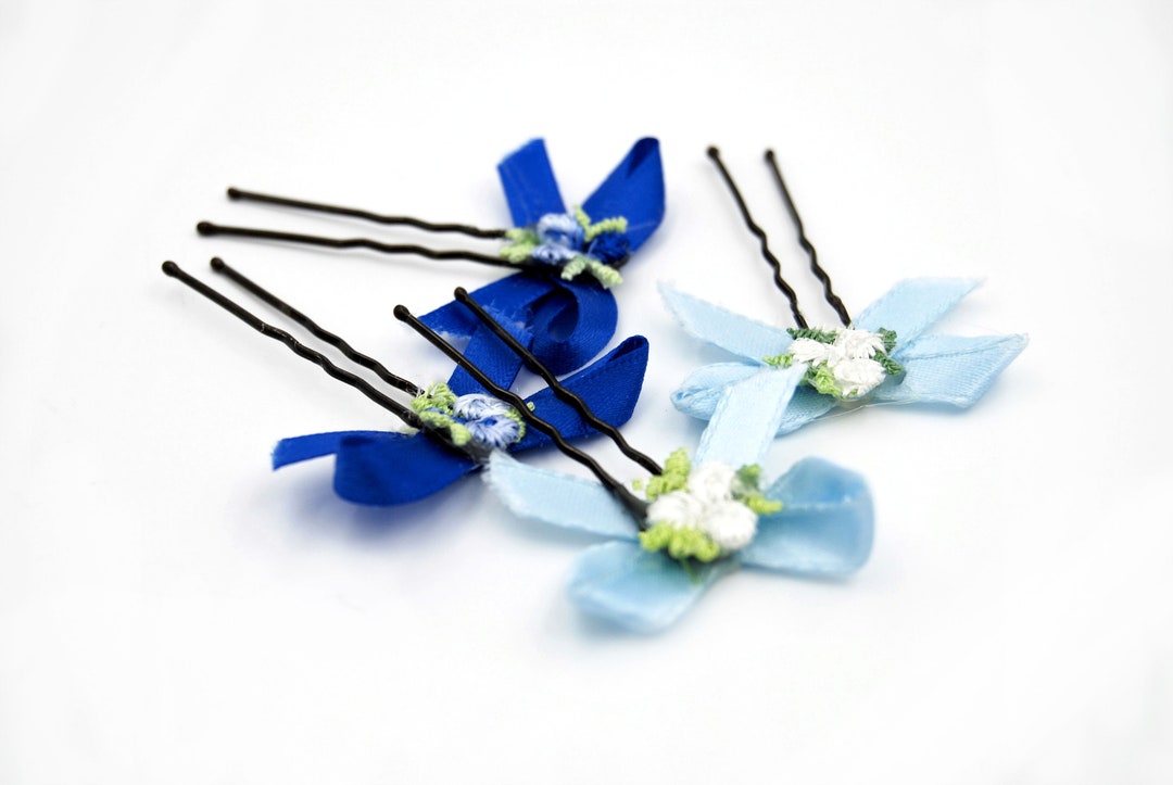 Blue Bow Hair Pins, Floral Hair Pin With Bow, Blue Satin Ribbon Bow ...