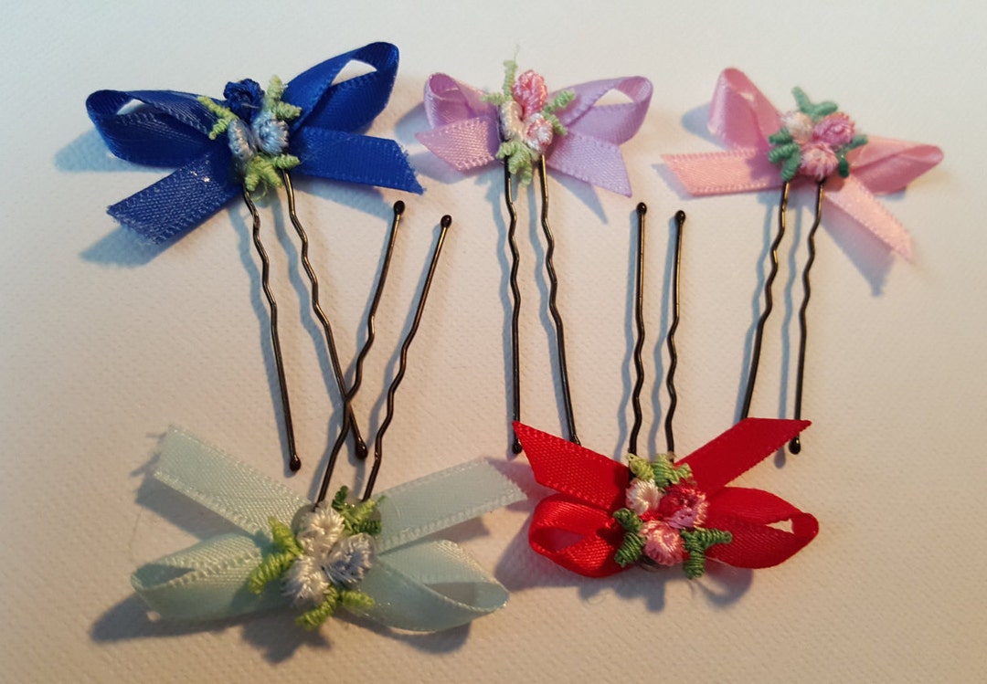 White Satin Bow Hair Pin, Ribbon Bow Hair, Embroidered Flower Hair Pins ...