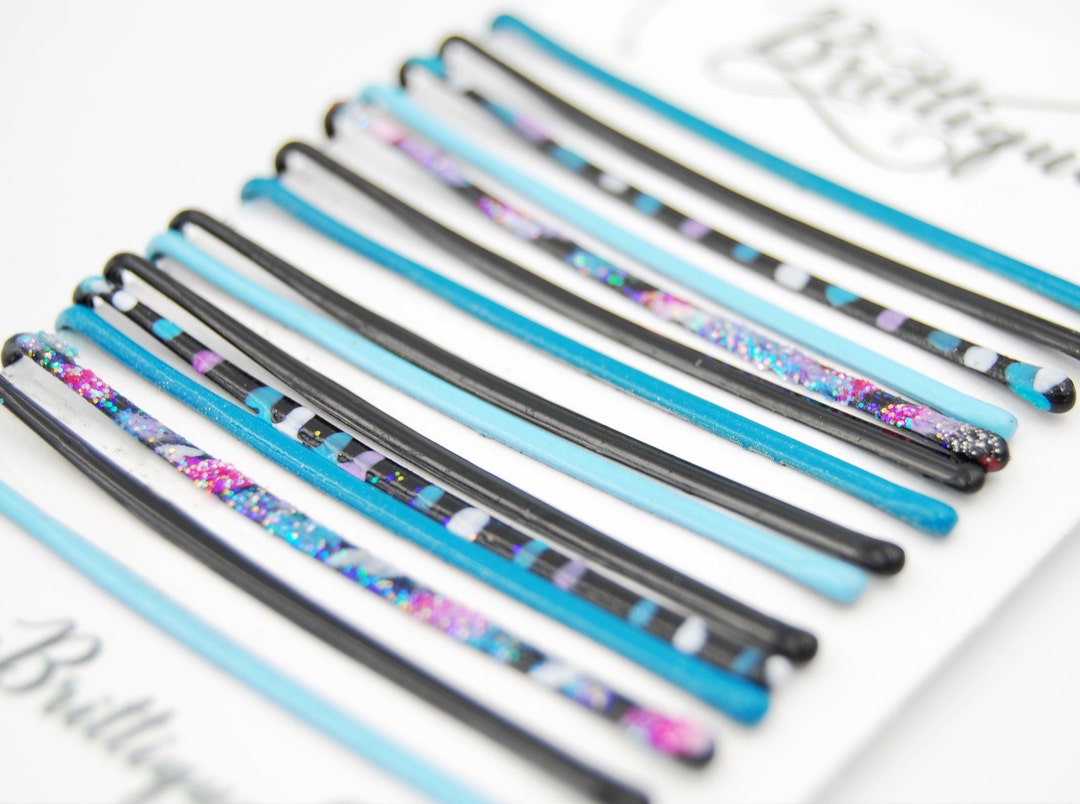 Variety of Black and Blue Bobby Pins, Sky Blue and Black and Teal ...