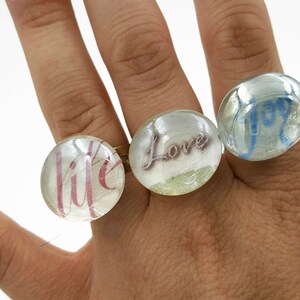 Adjustable Statement Ring With Words. Round Glass Cabochon Ring. Word ...