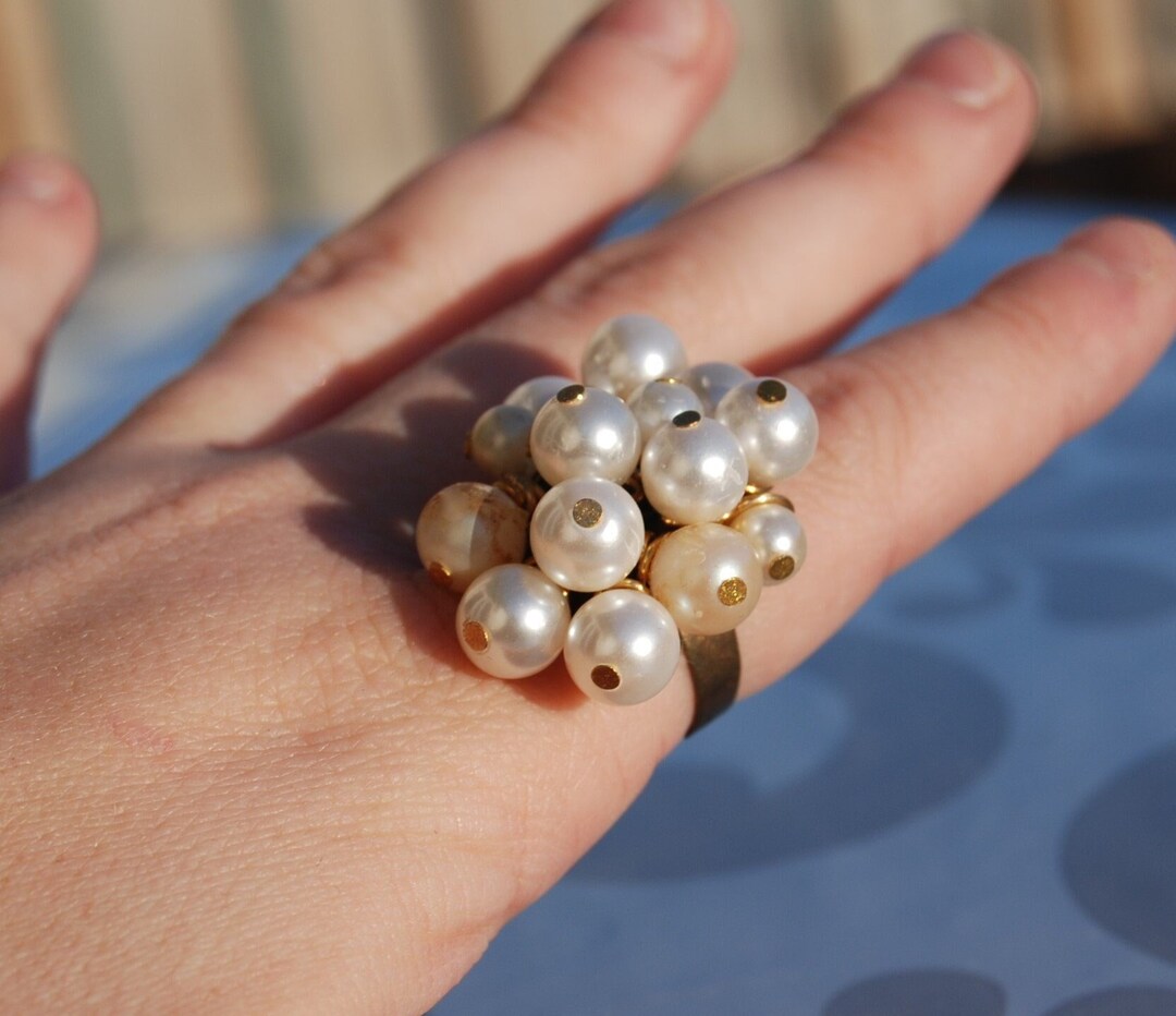 Faux Pearl Cluster Ring, Statement Ring, Bead Cluster Ring, Wire ...