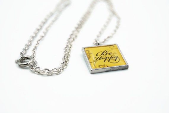 Be Happy Necklace Yellow Square Pendant Necklace Choose Happy Pendant Motivational Jewelry Word Necklace Quote Motivation Happiness Etsy UK