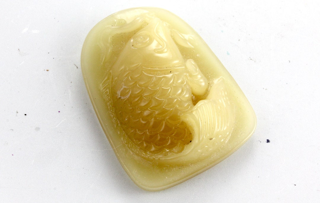 Yellow Jade Fish Pendant. A Heavy Stone Medallion for Making Necklaces ...