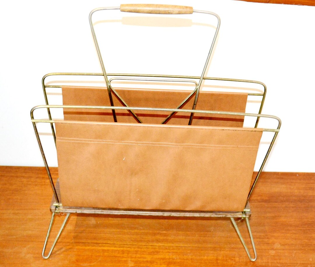 Vintage Newspaper Rack Metal Black With Brown Faux Leather Pockets 70s ...