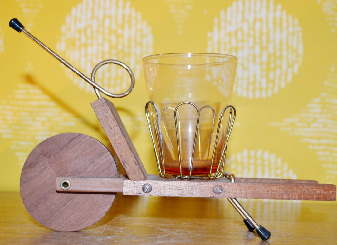 Vintage Salt Stick Dispenser Glass With Teak Wheelbarrow 50s Retro Mid ...