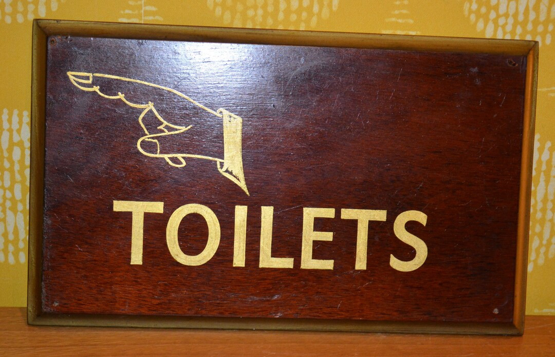 Vintage Wooden Sign Toilets Brown / Gold 70s Retro Mid Century ...