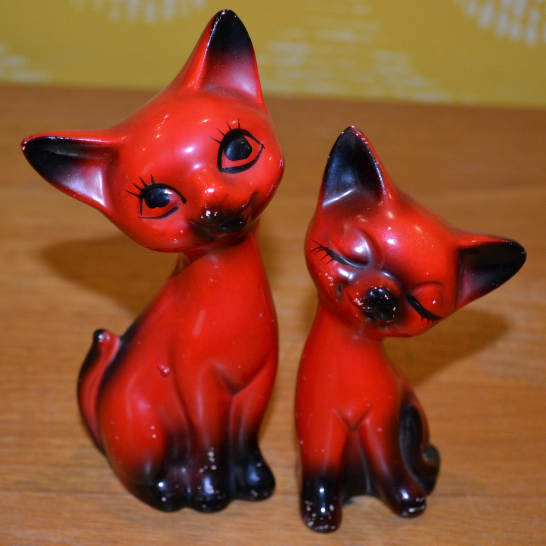 Vintage Figurines Cat Couple Ceramic Red 70s Figure Decoration Retro ...