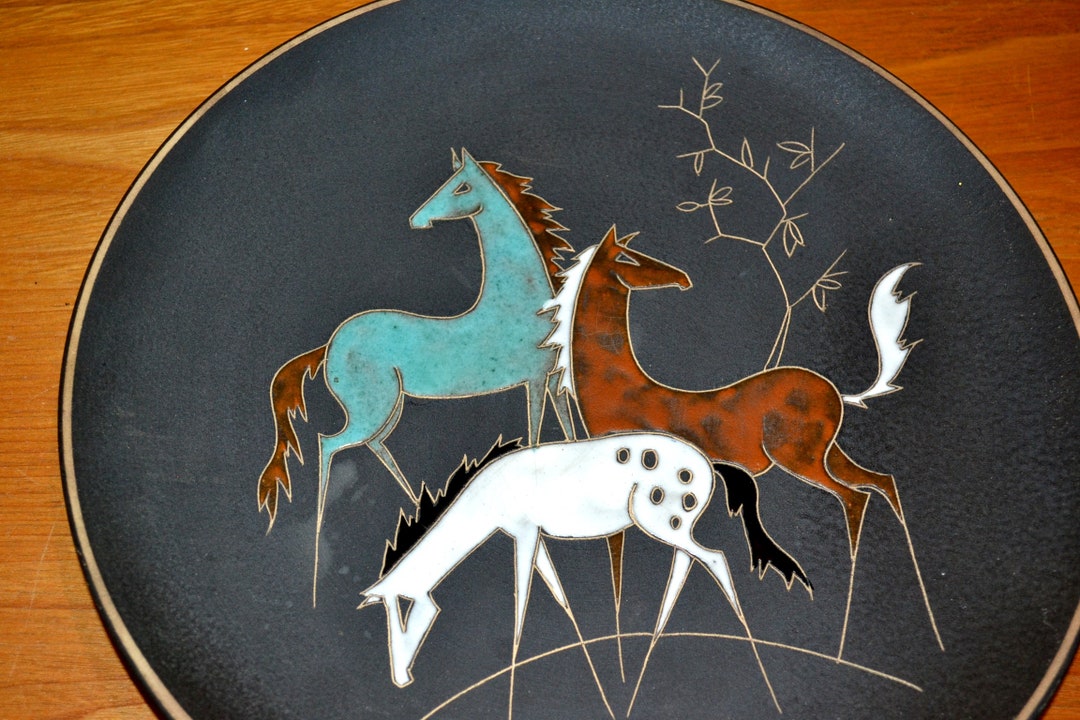 Vintage Wall Plate by Ruscha Ceramic Horses Black/colored 50s Economic ...