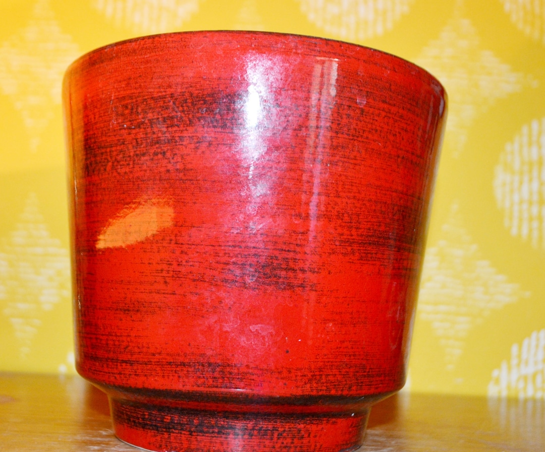 Vintage Planter 70s Flowerpot Ceramic Orange / Red Plant Pot Retro Mid ...