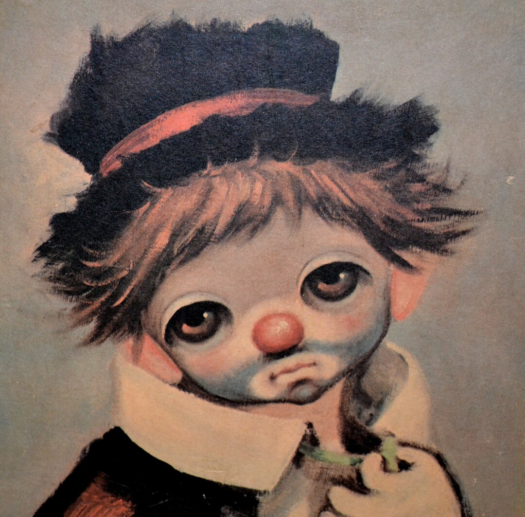 Vintage Mural Clown Big Eye With Signature 60s Kitsch Art Mid Century ...
