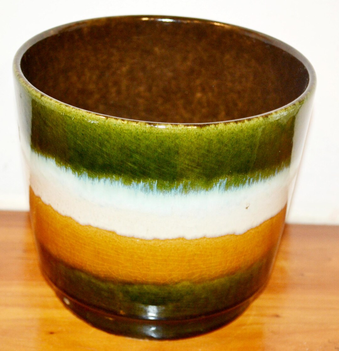 Vintage Planter Ceramic 70s Flowerpot Green/brown Plant Pot Retro Mid ...