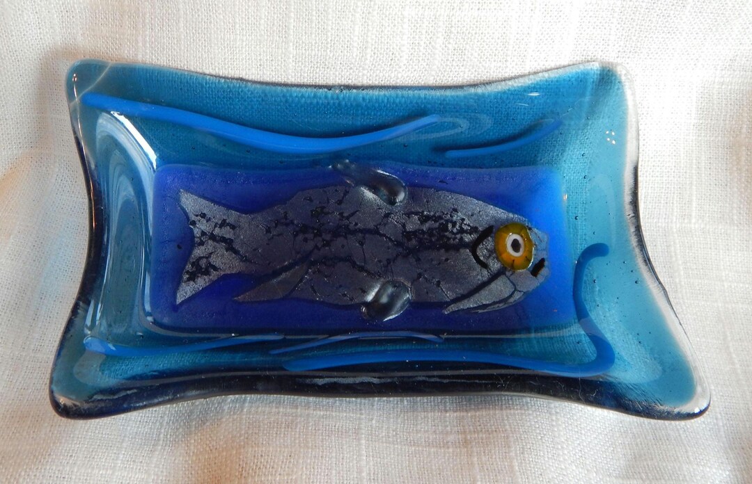 Small Rectangle Plate, Uneven Edges, Clear Blue With Grey Fish in the ...