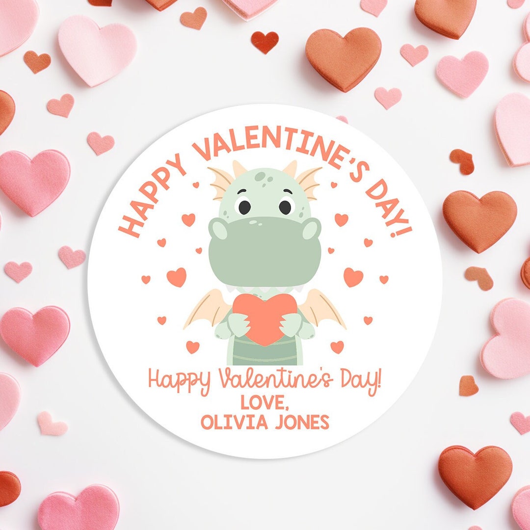Cute Dragon Valentine's Day Stickers, Customized 2.5 Inch Classroom ...