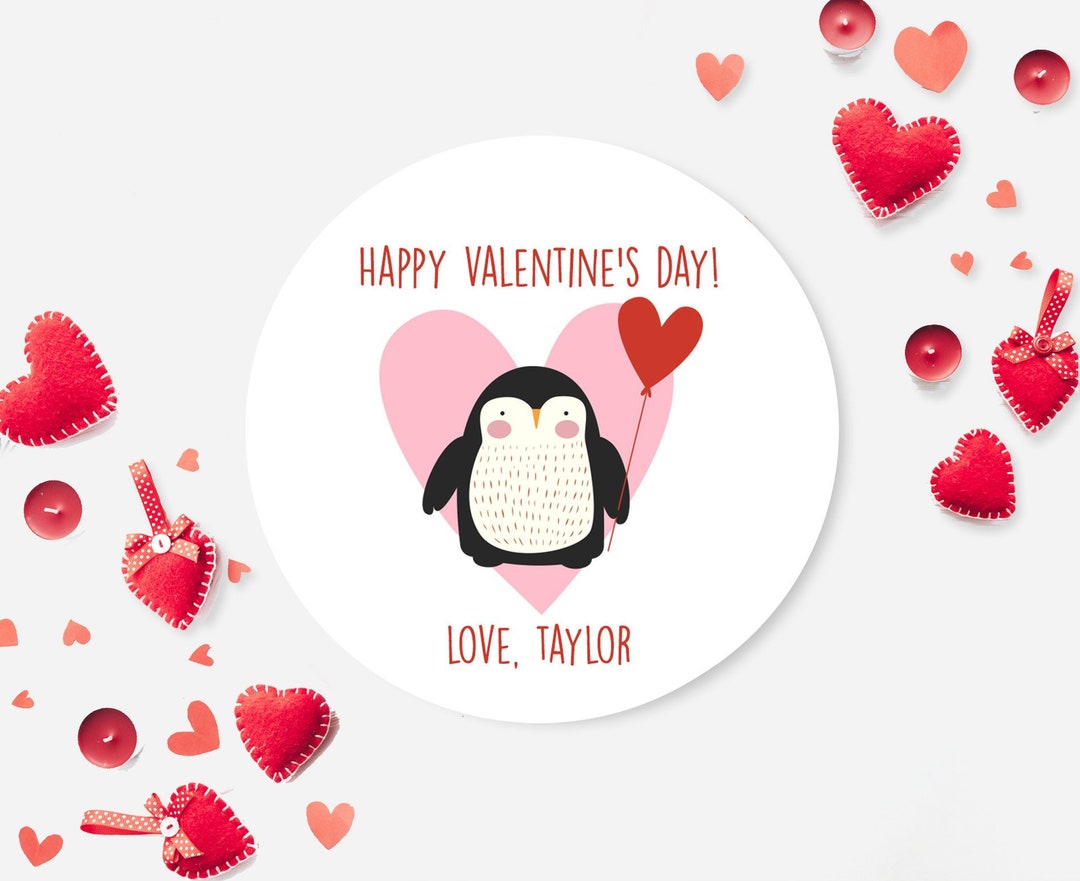 Penguin Valentines Stickers, Customized Valentines Stickers, Classroom ...