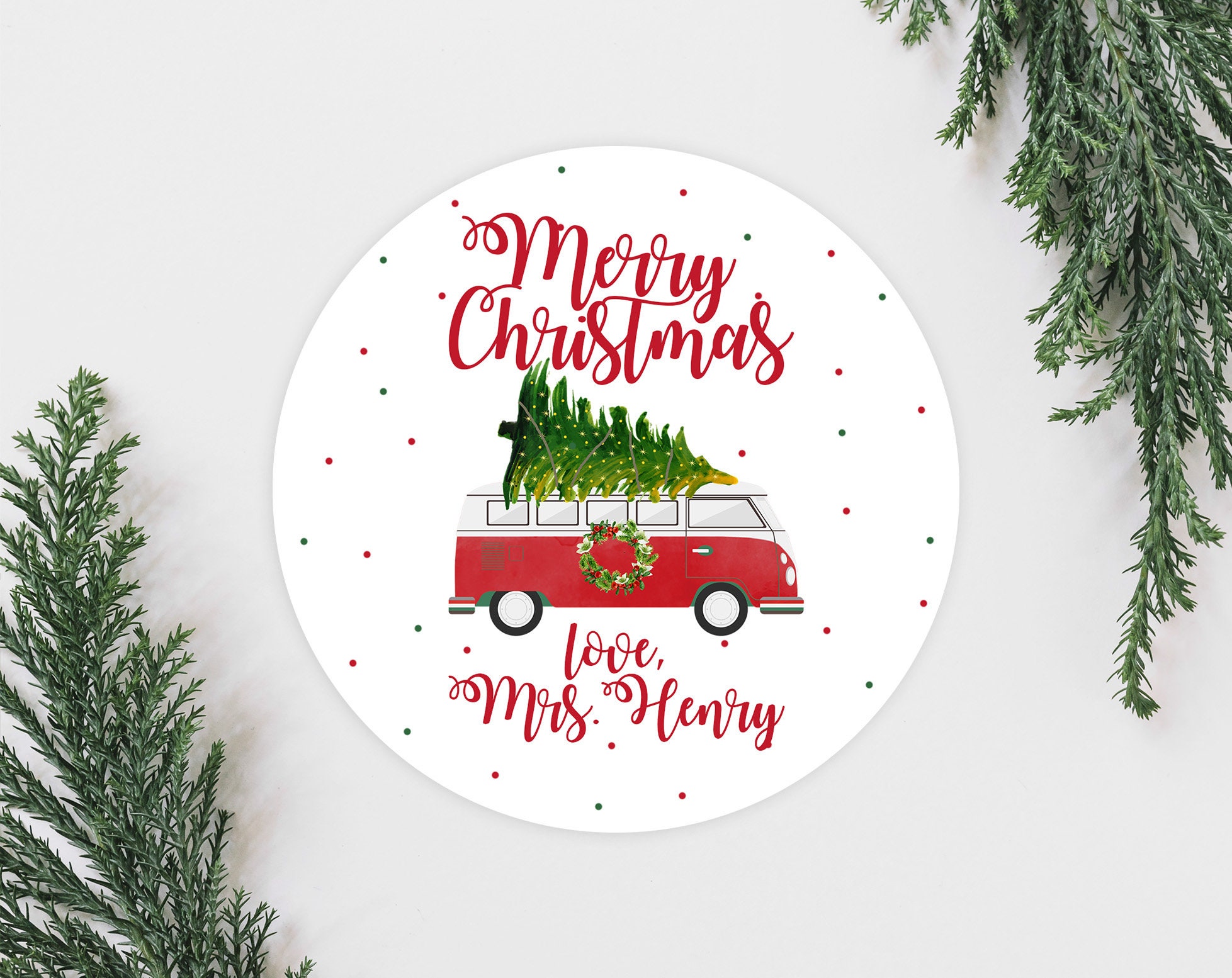 Christmas Retro Bus Gift Sticker Labels, Cute Bus With Tree Christmas ...