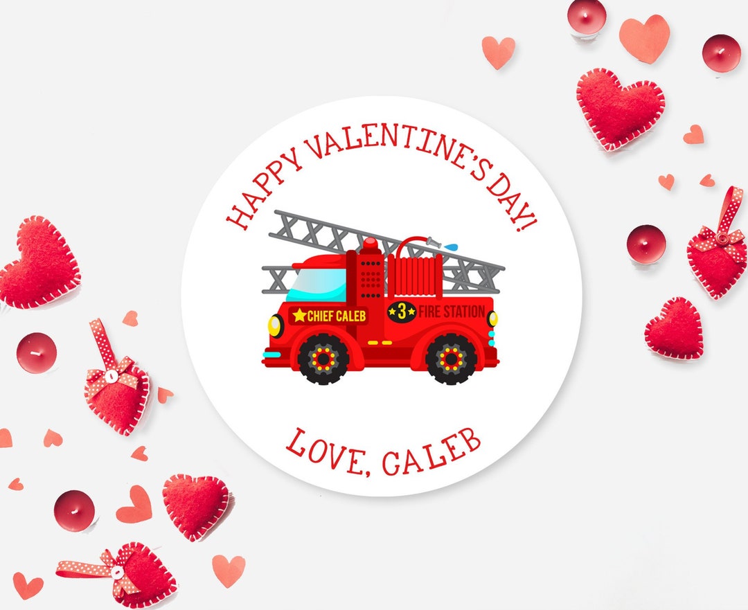Firetruck Firefighter Valentines Stickers, Customized 2.5 Inch ...