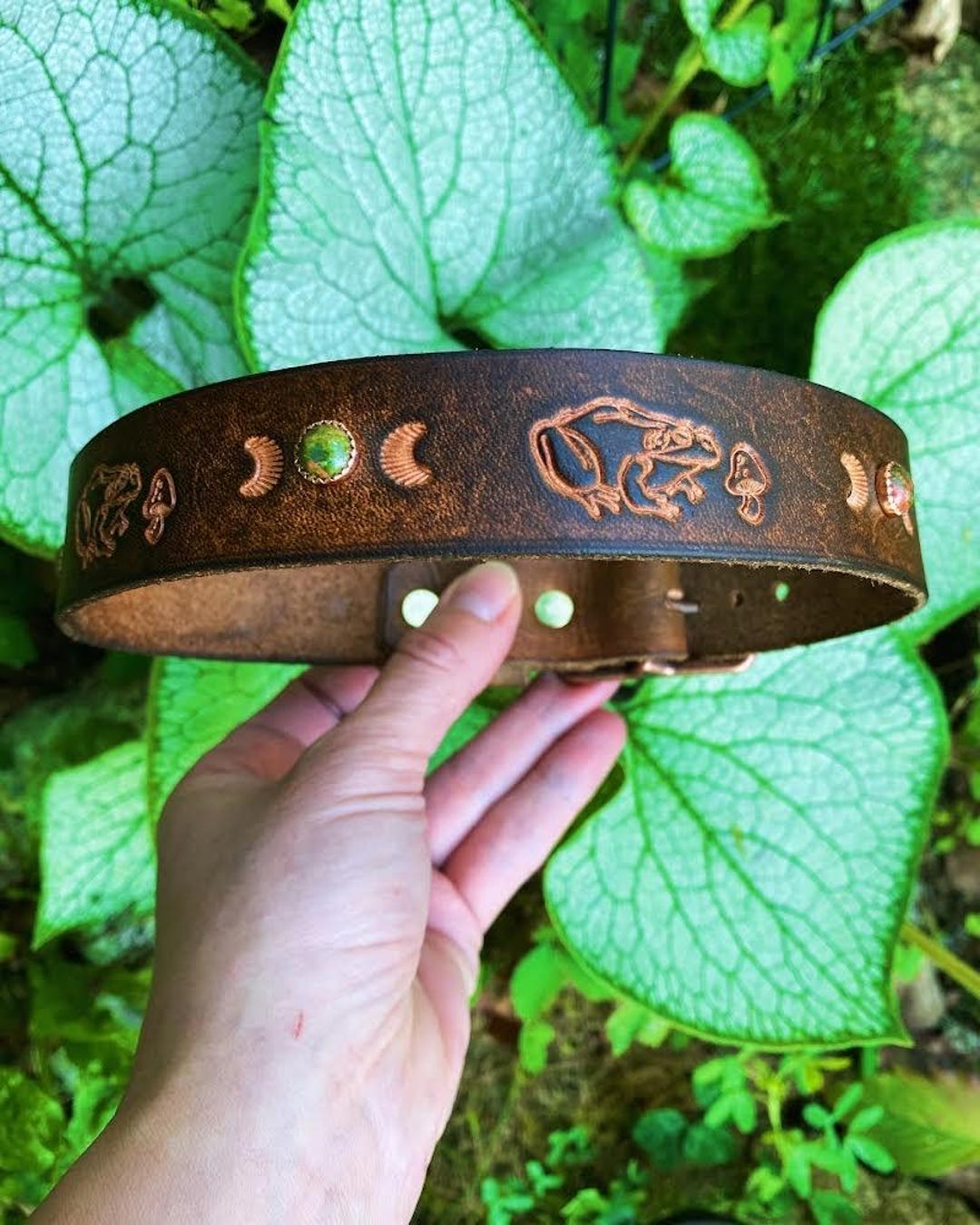 Frog, Mushroom, Triple Goddess Unakite Crystal Leather Stamped Collar ...