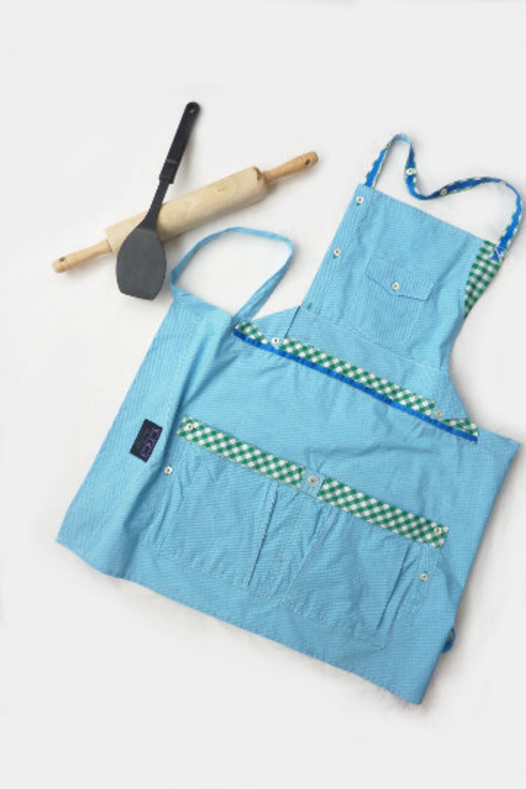 Upcycled Apron, Repurposed Apron, Reworked Men's Shirt Apron, Aqua ...
