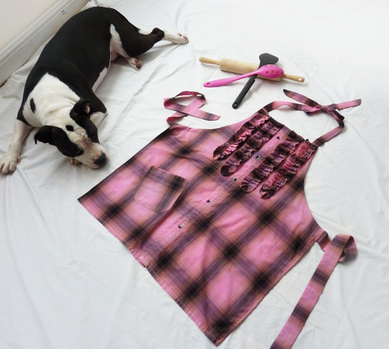Upcycled Apron, Repurposed Apron, Reworked Men's Shirt, Pink & Black ...