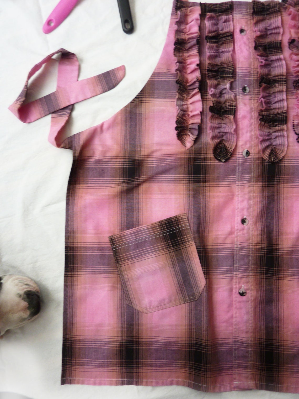Upcycled Apron, Repurposed Apron, Reworked Men's Shirt, Pink & Black ...