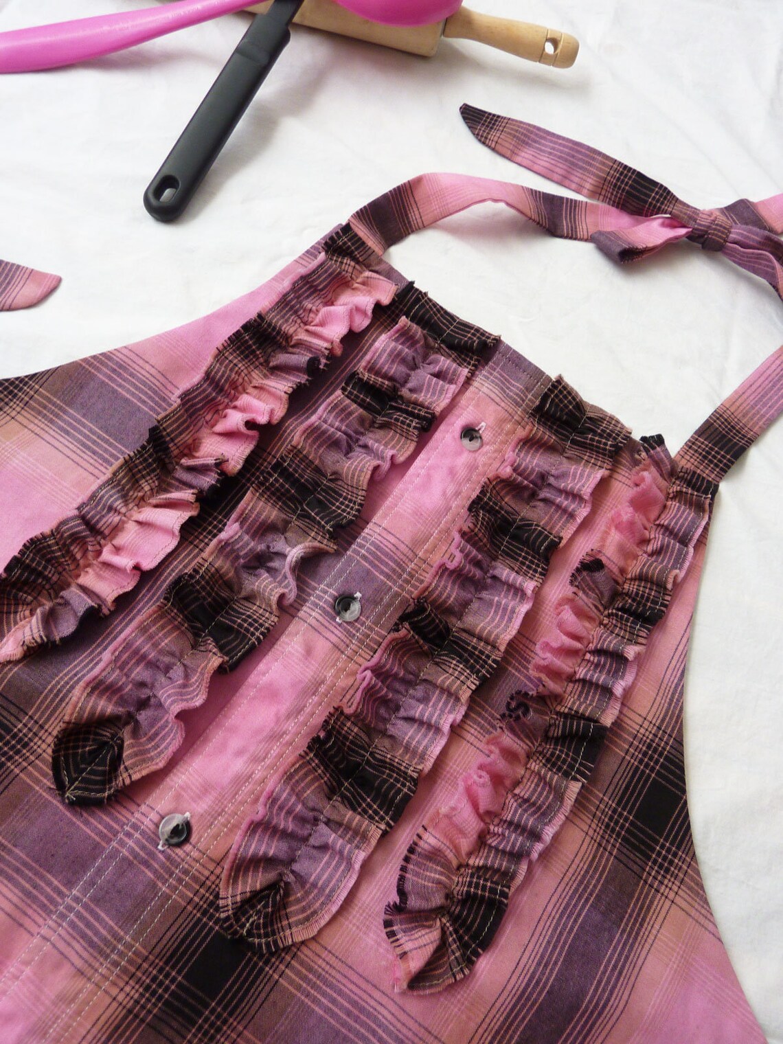 Upcycled Apron, Repurposed Apron, Reworked Men's Shirt, Pink & Black ...