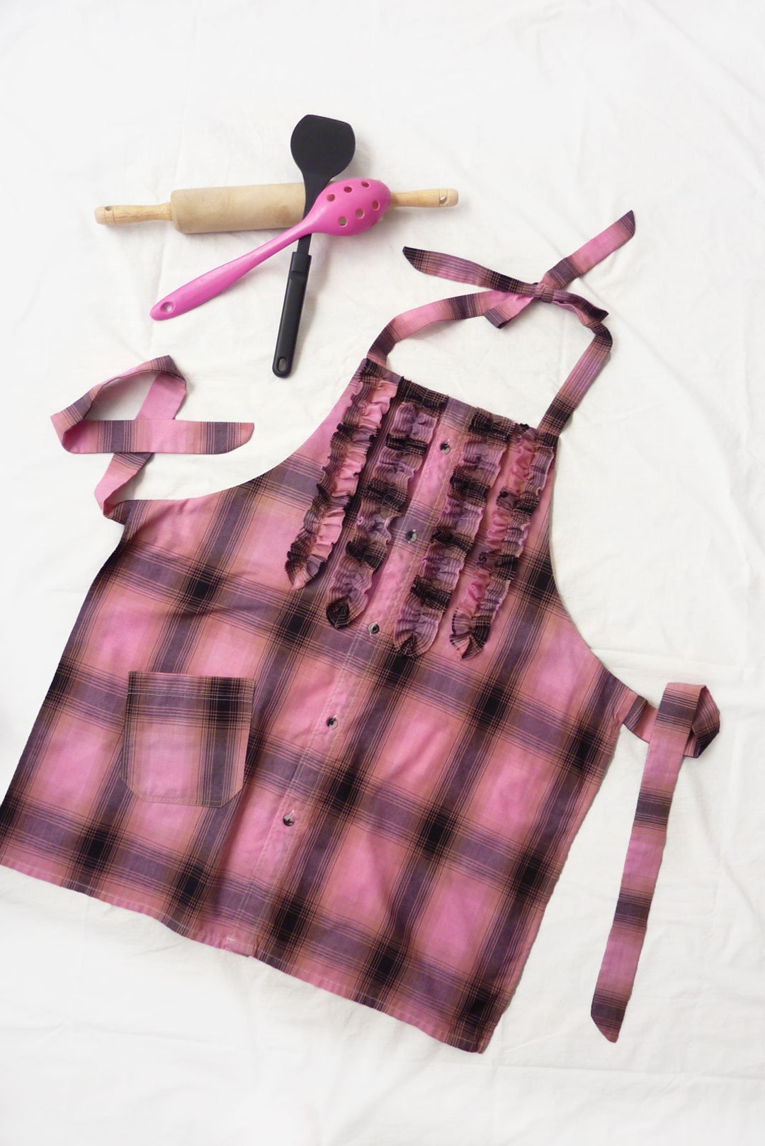 Upcycled Apron, Repurposed Apron, Reworked Men's Shirt, Pink & Black ...