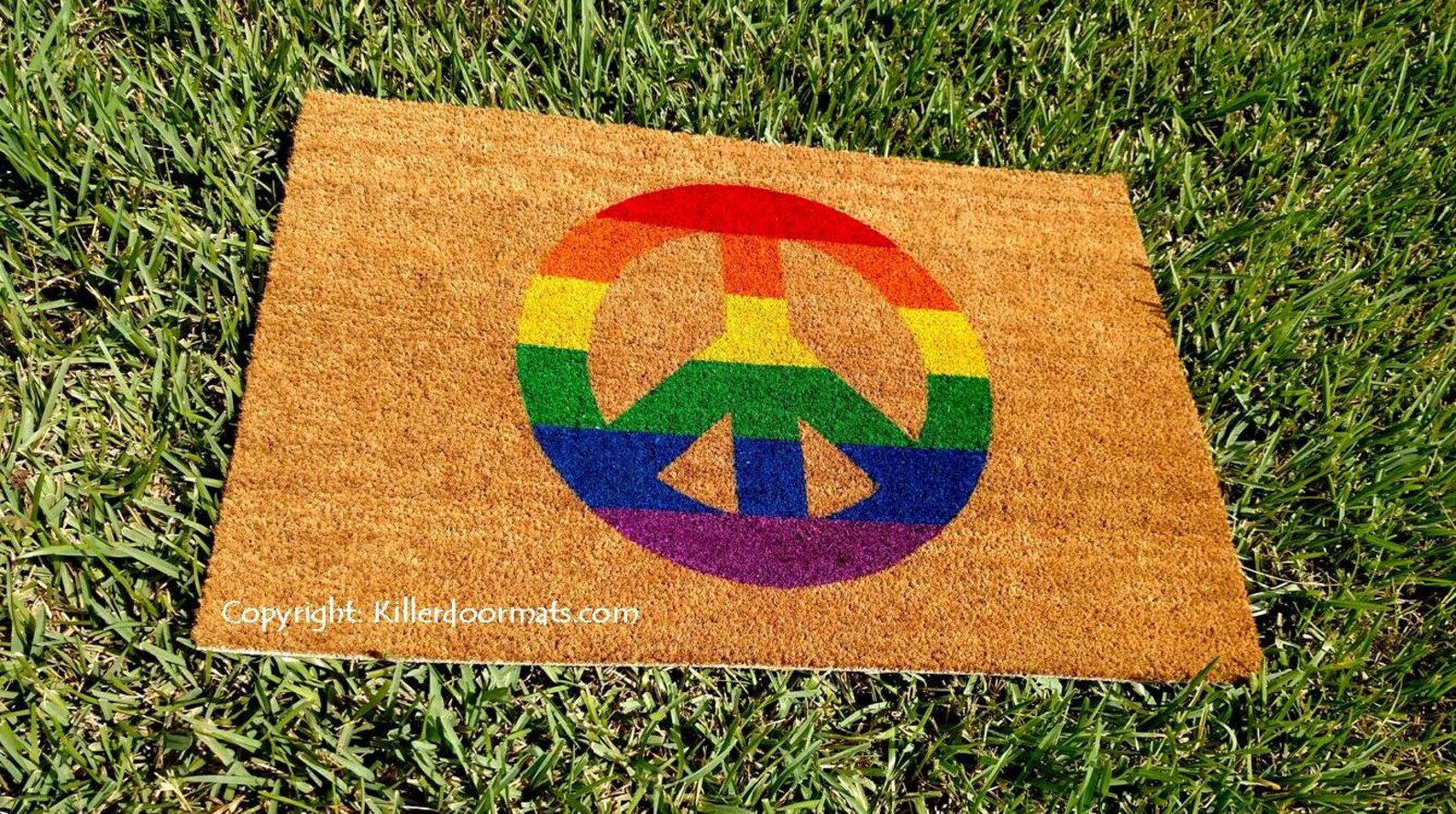 New! Rainbow Peace Sign Custom Handpainted Welcome Doormat - Etsy