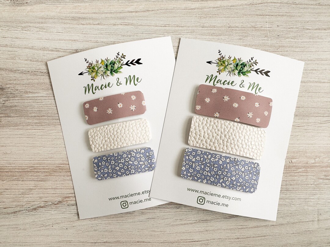 Mauve Floral, White, Blue Floral Snap Clip Set Faux Leather Hair Clips ...