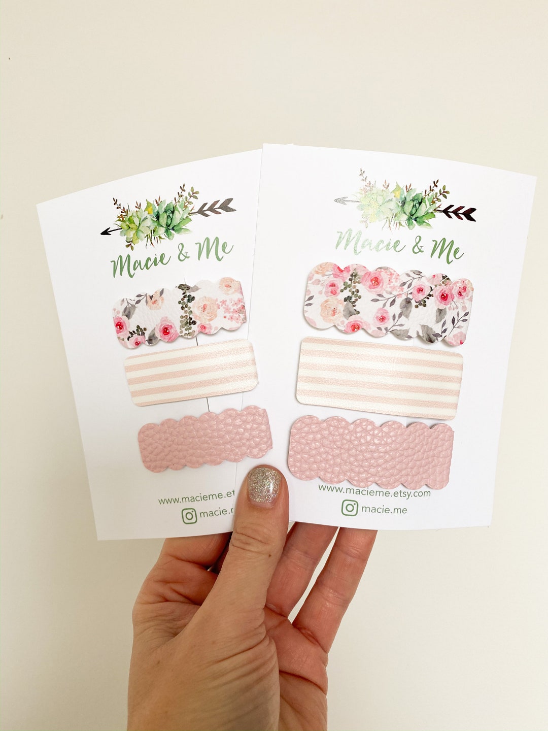 Pink Floral, Light Pink Stripe & Light Pink Snap Clip Set Faux Leather ...