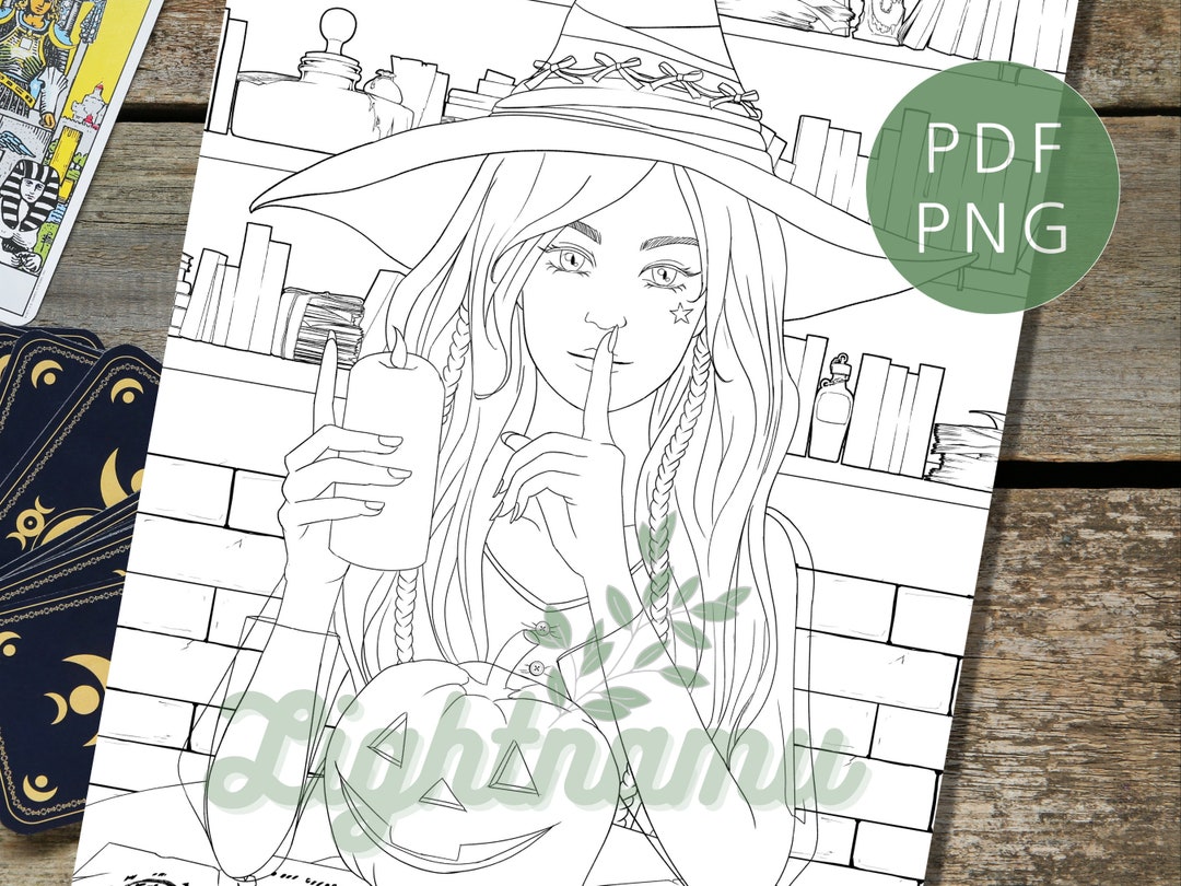 A Witch's Secret Library, Original Hand-drawn Coloring Page for Adults ...