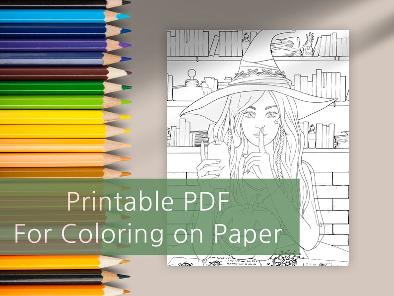 A Witch's Secret Library, Original Hand-drawn Coloring Page for Adults ...