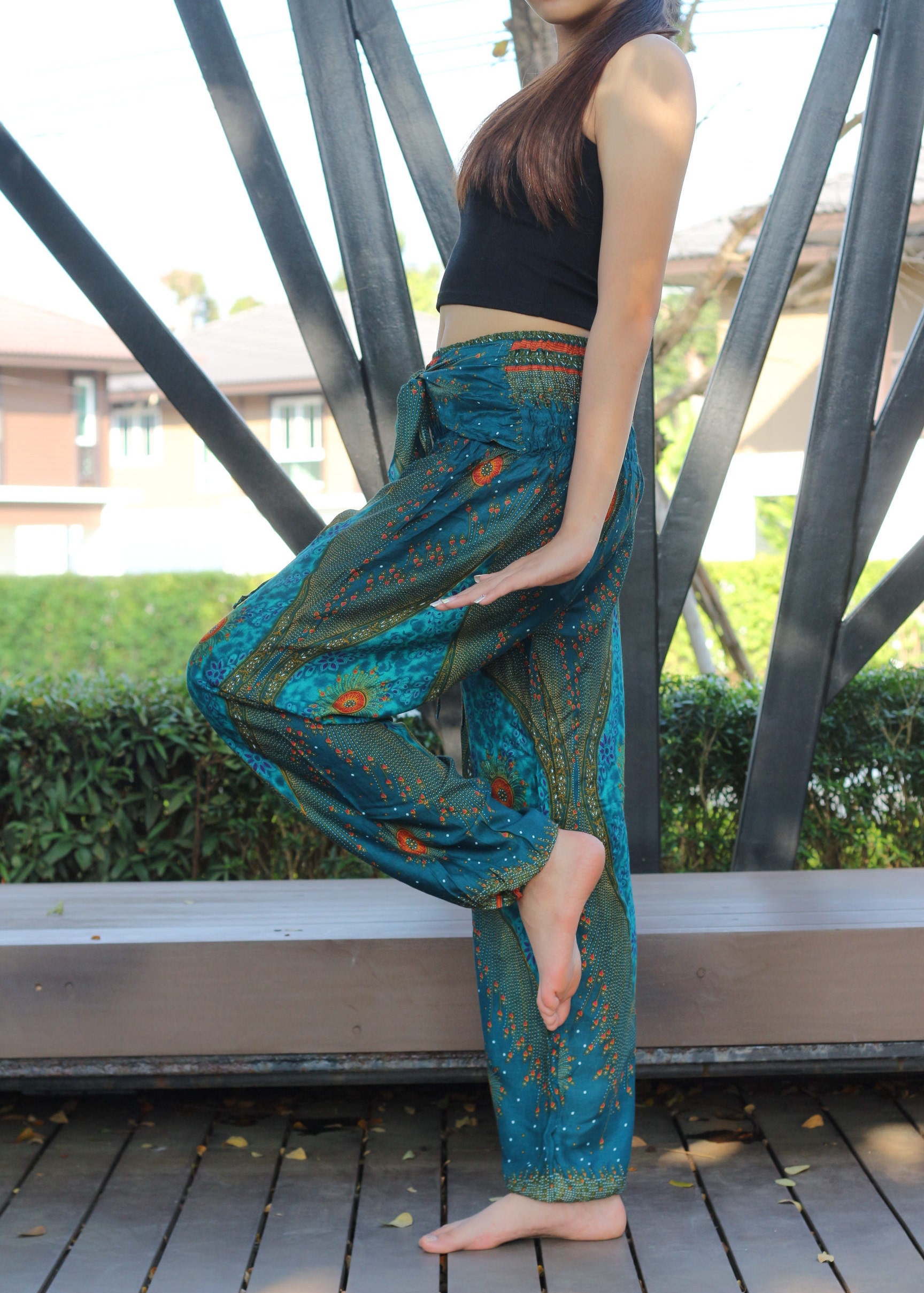 Bohemian Pants Boho Yoga Pants Yoga Wear Green Peacock Bow Tie - Etsy