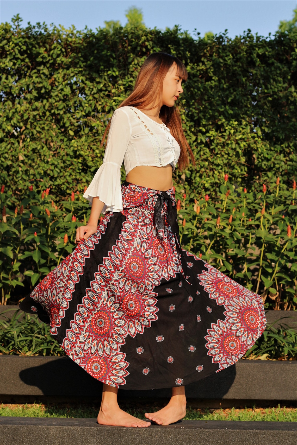 Bohemian Skirt Boho Skirt Womens Maxi Skirt Black Tribal Flower Red ...