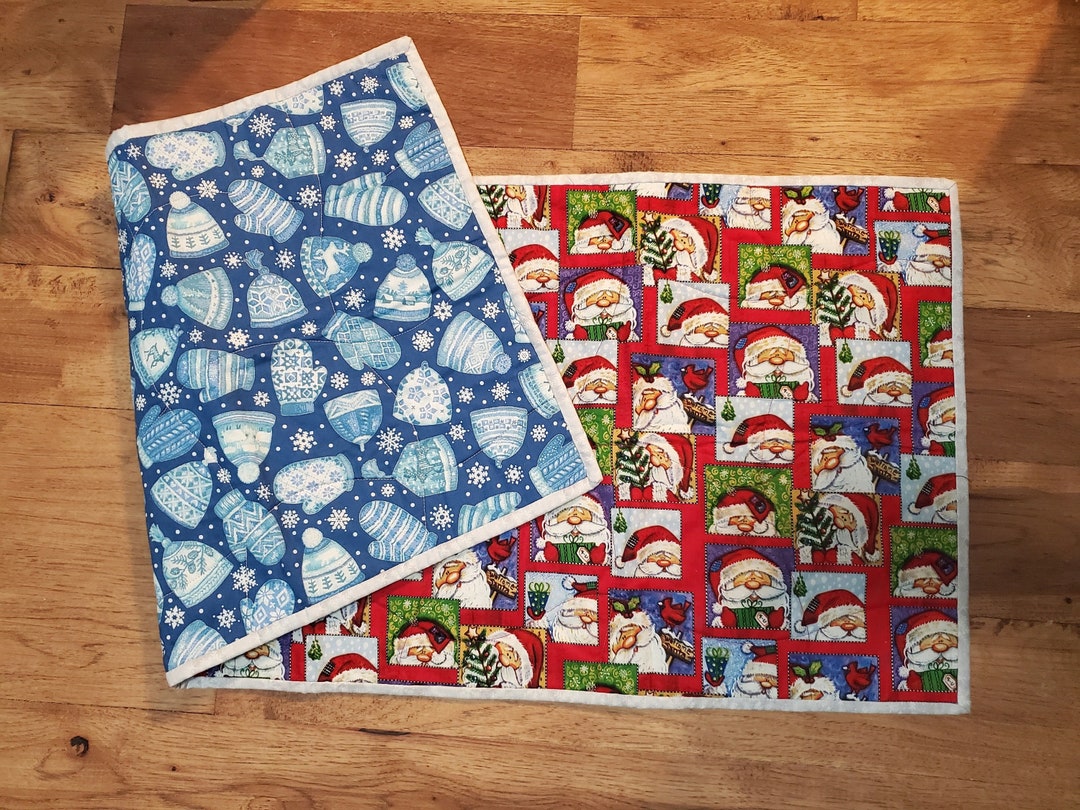 Santa and Winter Hats and Mittens Rectangle Table Runner - Reversible ...