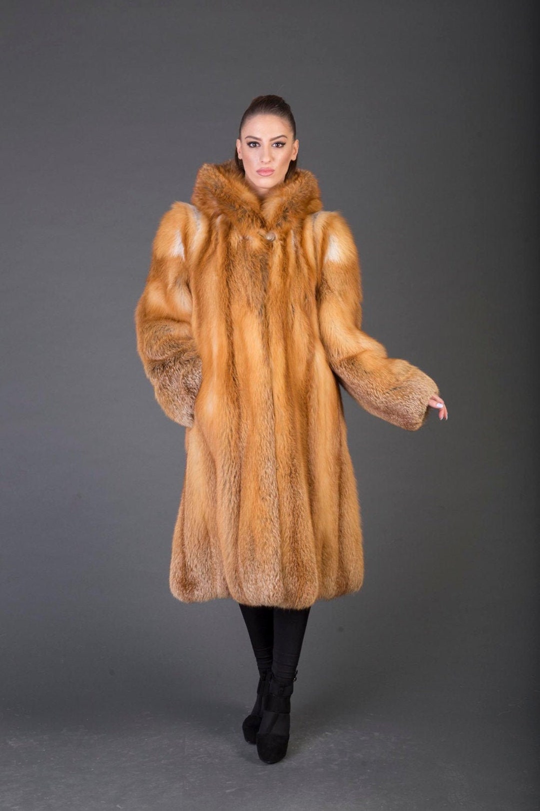 Red Fox Fur Full Length Hooded Jacket Fox Fur Jacket Fox Fur Coat ...