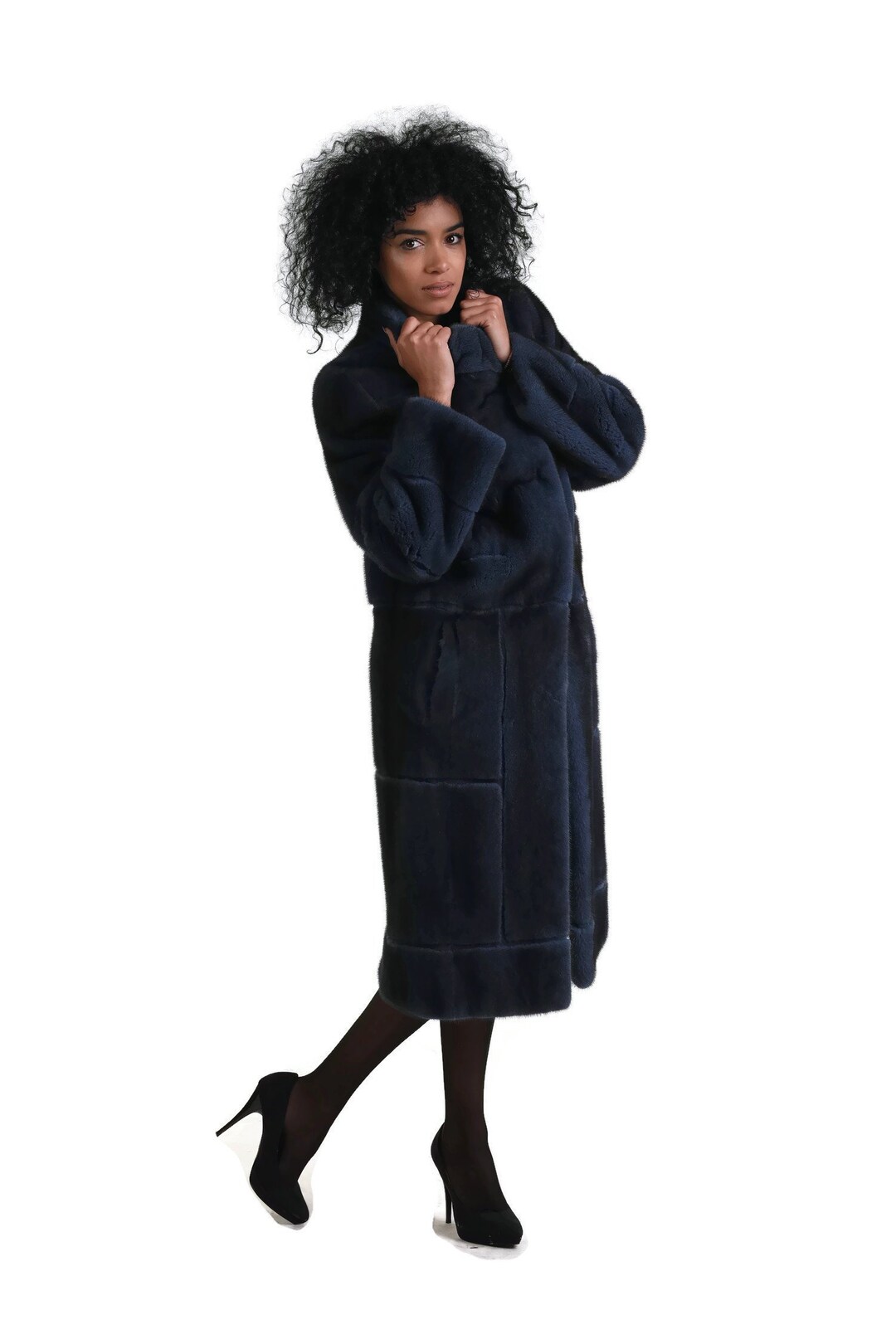 Dark Blue Beaver Fur Coat Fur Jacket Full Skin Below Knee Length ...