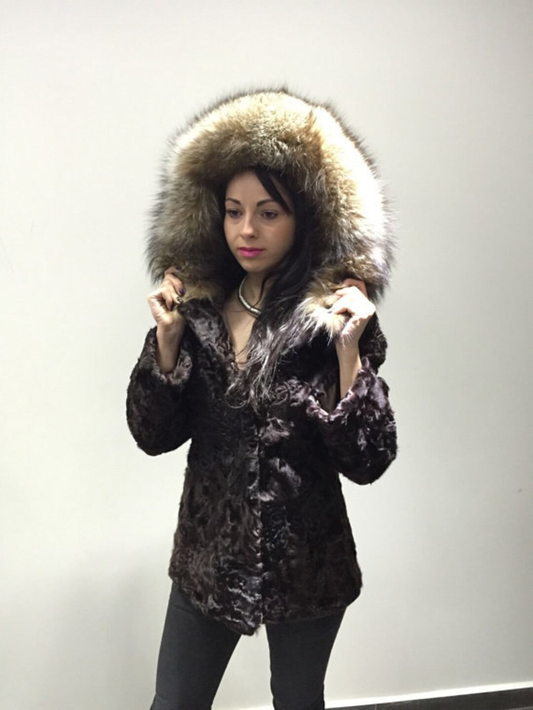 Luxury Gift Karakul Astrakhan Fur Coat Fur Jacket Fox Fur Collar Hooded ...