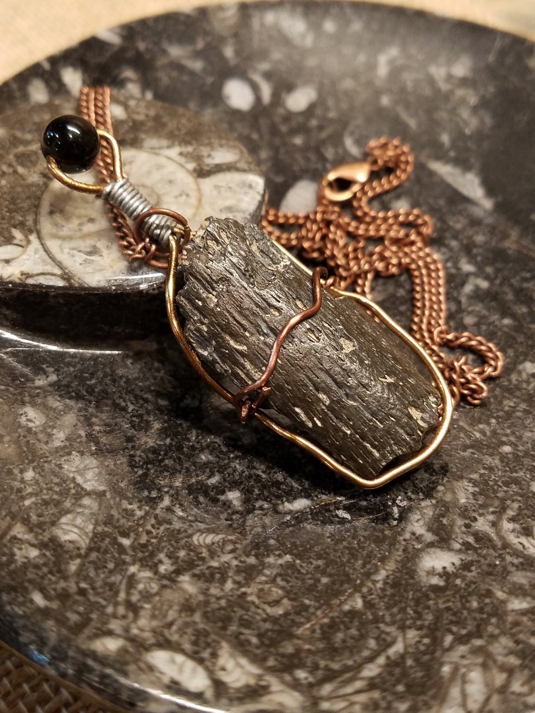 Baculite Fossil Pendant: Wire Wrapped Ancient Stone & Onyx on Copper ...