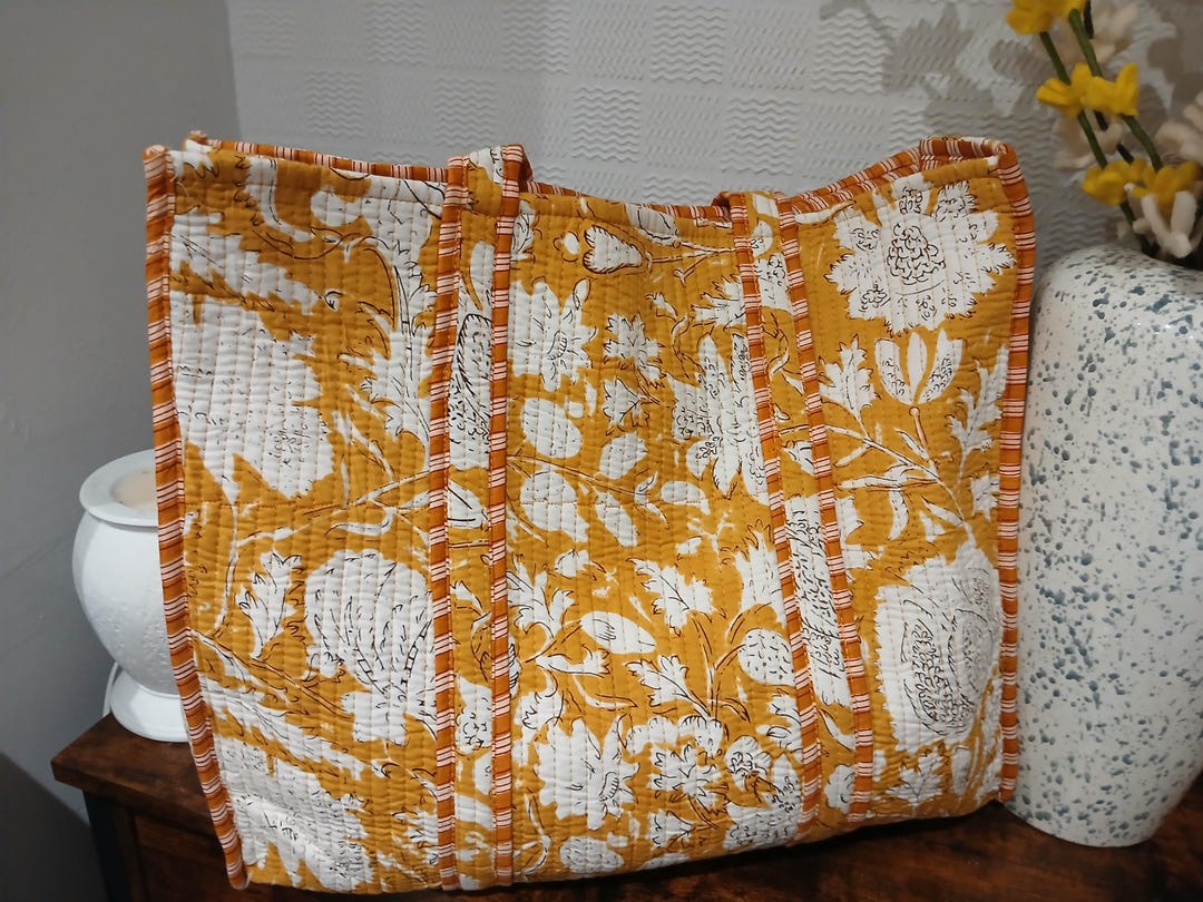 Extra Large , Mustard Floral Super Size 100% Cotton Kantha Quilted Boho ...
