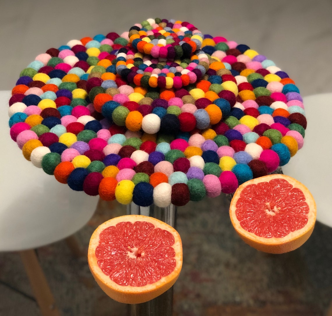 Felt Pom Pom Trivets/hotpads , 20cm Round Handmade in Nepal - Etsy UK