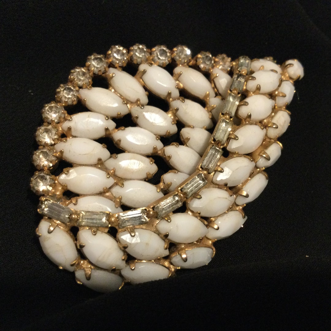 50s Milk Glass Rhinestone Brooch Pin / Large White Glass Rhinestone ...