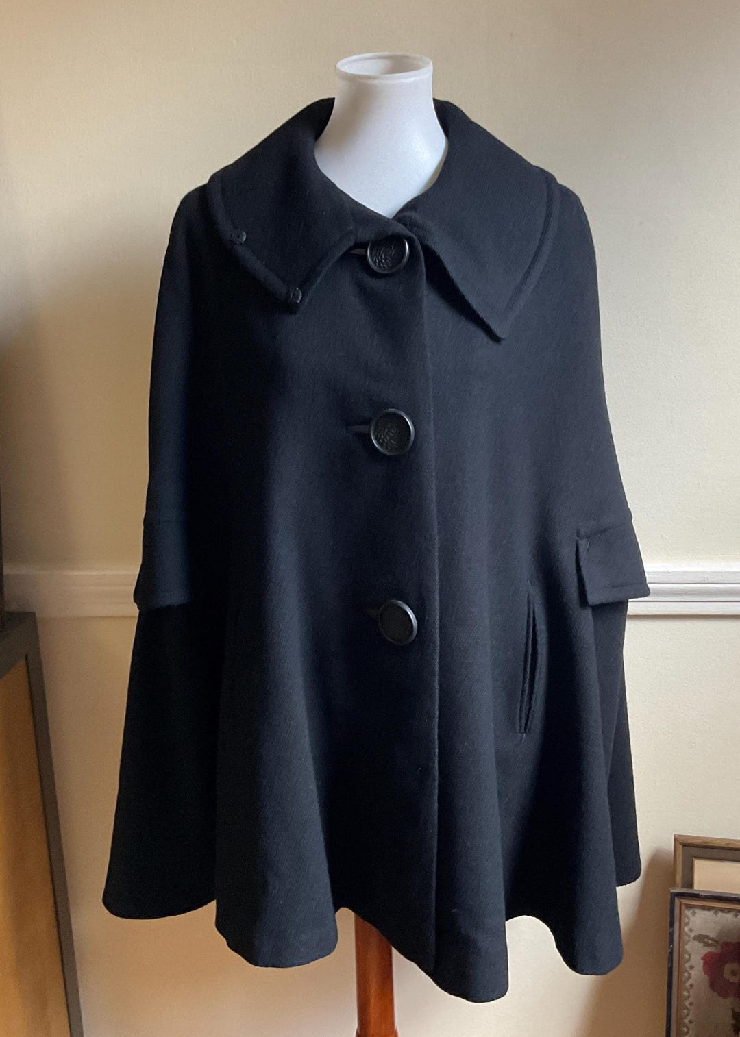 Vintage Black Wool Cape Arosak Label / Black Wool Cape Poncho Option ...