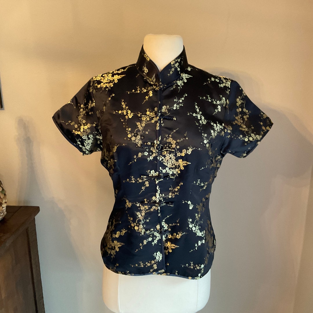 Asian Cheongsam Qipao Style Black Gold Brocade Top / Asian Satin ...