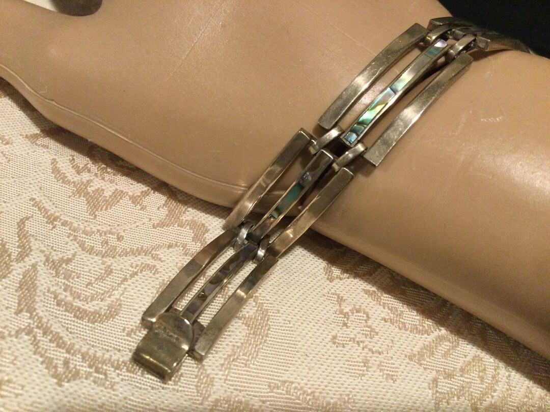Sterling Abalone Inlay Panel Bracelet / Mid Century Silver Panther Link ...